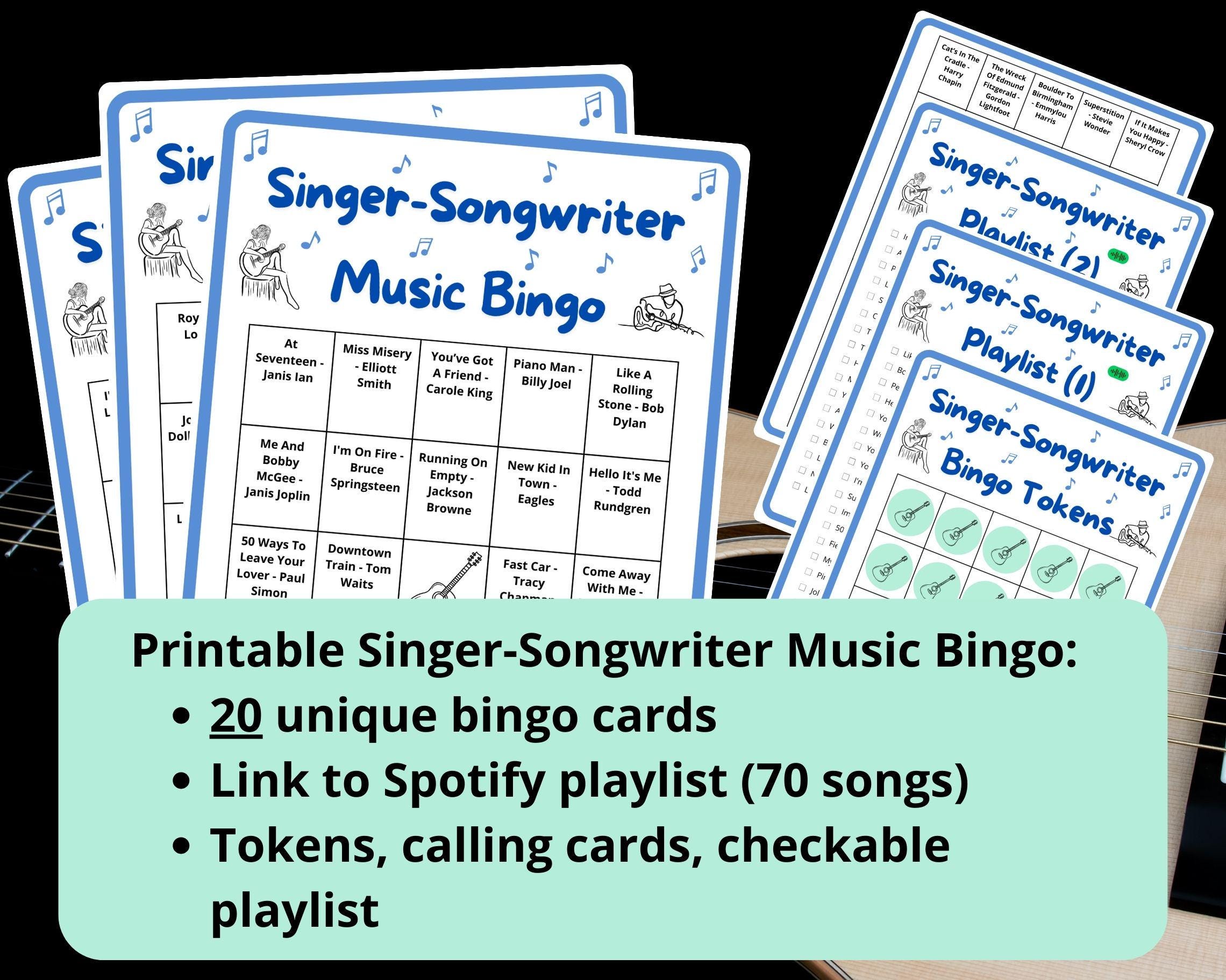 20 Singer-songwriter Music Bingo Cards - Music Bingo - 70's 80's 90's ...