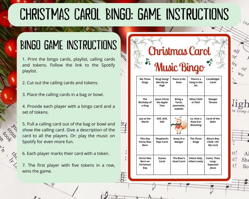 20 Christmas Carol Music Bingo Cards - Christmas Bingo - Family Reunion ...