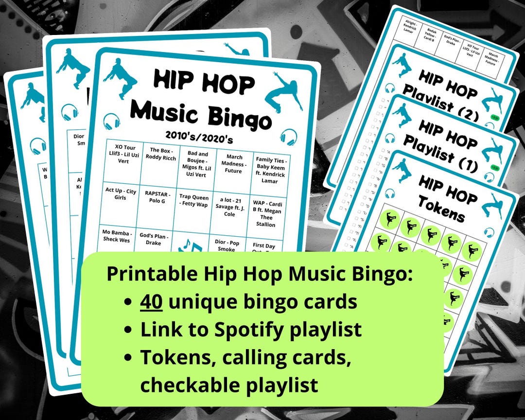 40 Hip Hop Music Bingo Cards - Music Bingo Game Incl Spotify Playlist ...