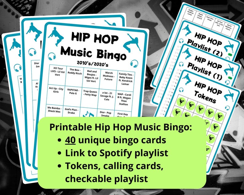 40 Hip Hop Music Bingo Cards - Music Bingo Game Incl Spotify Playlist ...