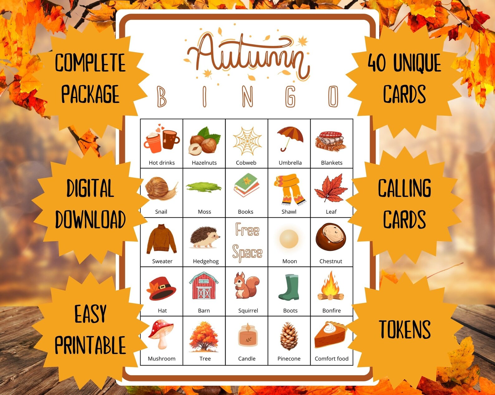 40 Autumn Fall Bingo Cards, Printable Game, Kids Fall Activities ...