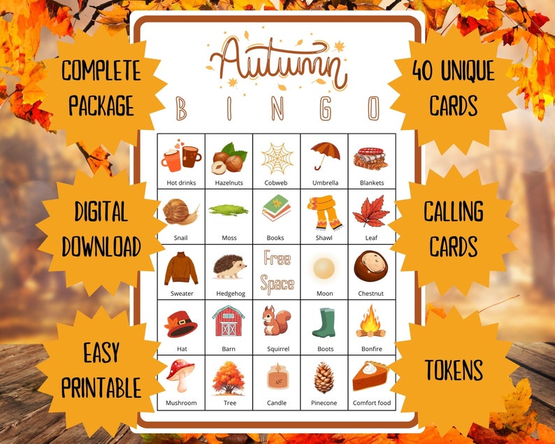40 Autumn Fall Bingo Cards, Printable Game, Kids Fall Activities ...