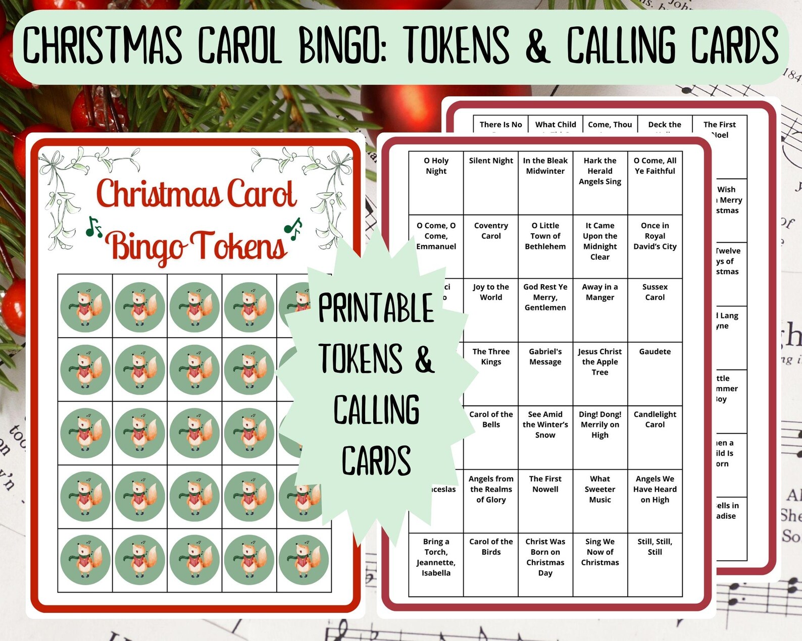 20 Christmas Carol Music Bingo Cards - Christmas Bingo - Family Reunion ...