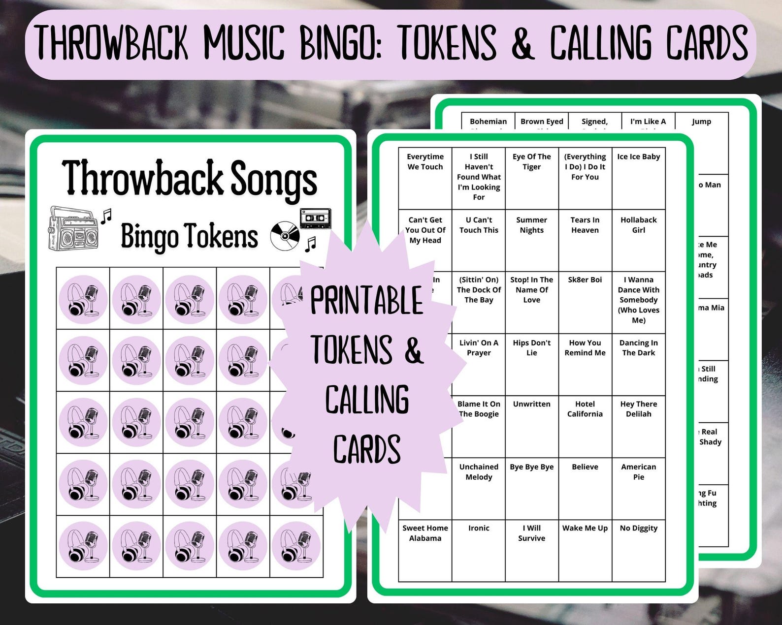 100 Throwback Songs Music Bingo Cards Music Bingo Music Game Team ...