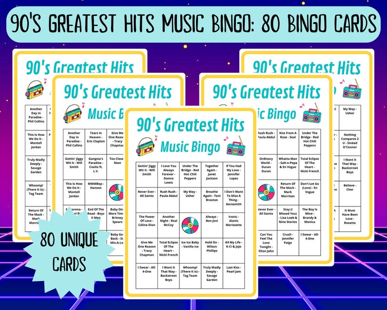 90s Greatest Hits Music Bingo 80 Cards Music Bingo Printable Music ...