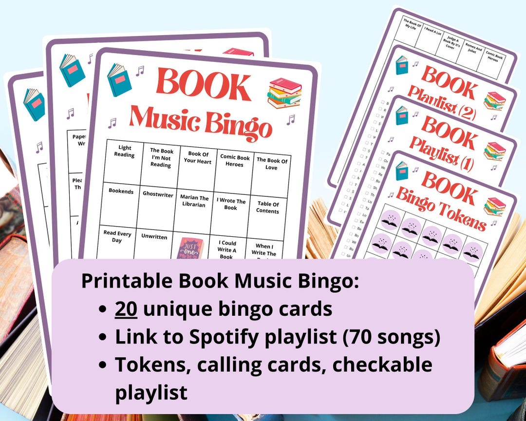 20 Book Music Bingo Cards Book Club Games Reading Group Game Library ...