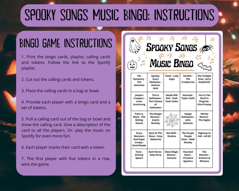 40 Spooky Songs Music Bingo Cards - Halloween Bingo - Music Playlist ...
