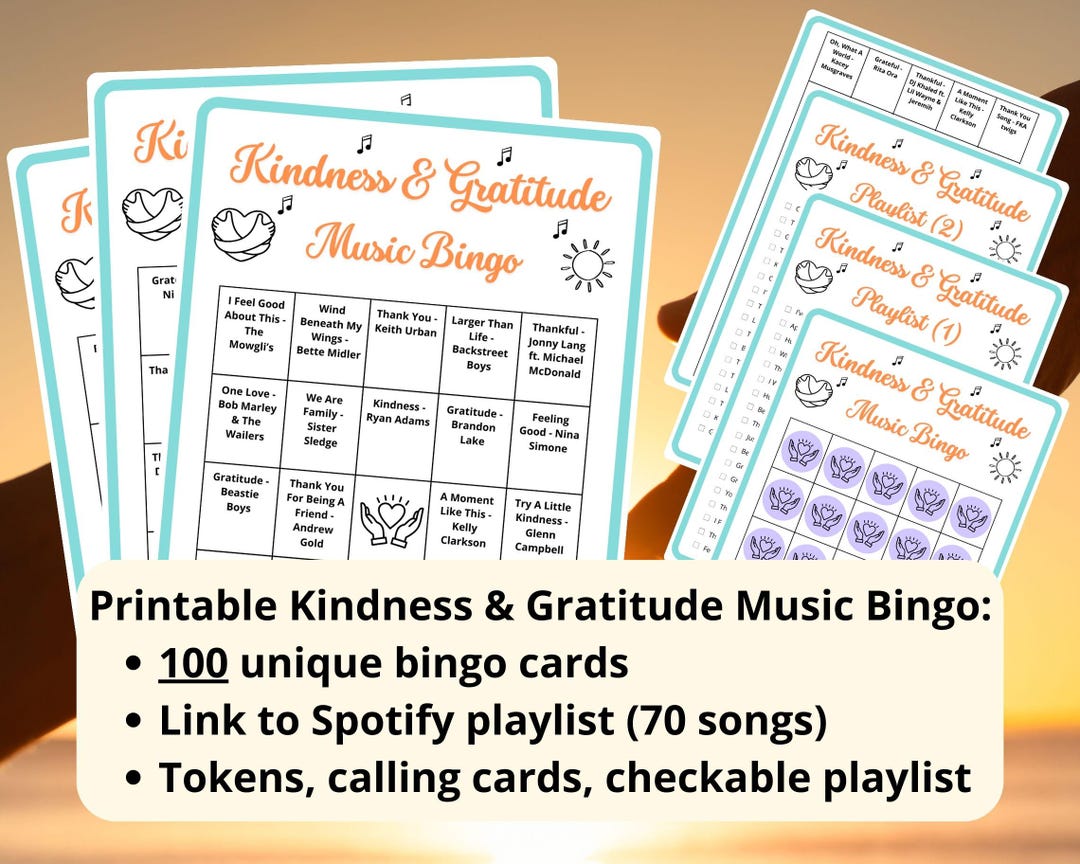 100 Kindness & Gratitude Music Bingo Cards Spread Kindness Gratitude ...