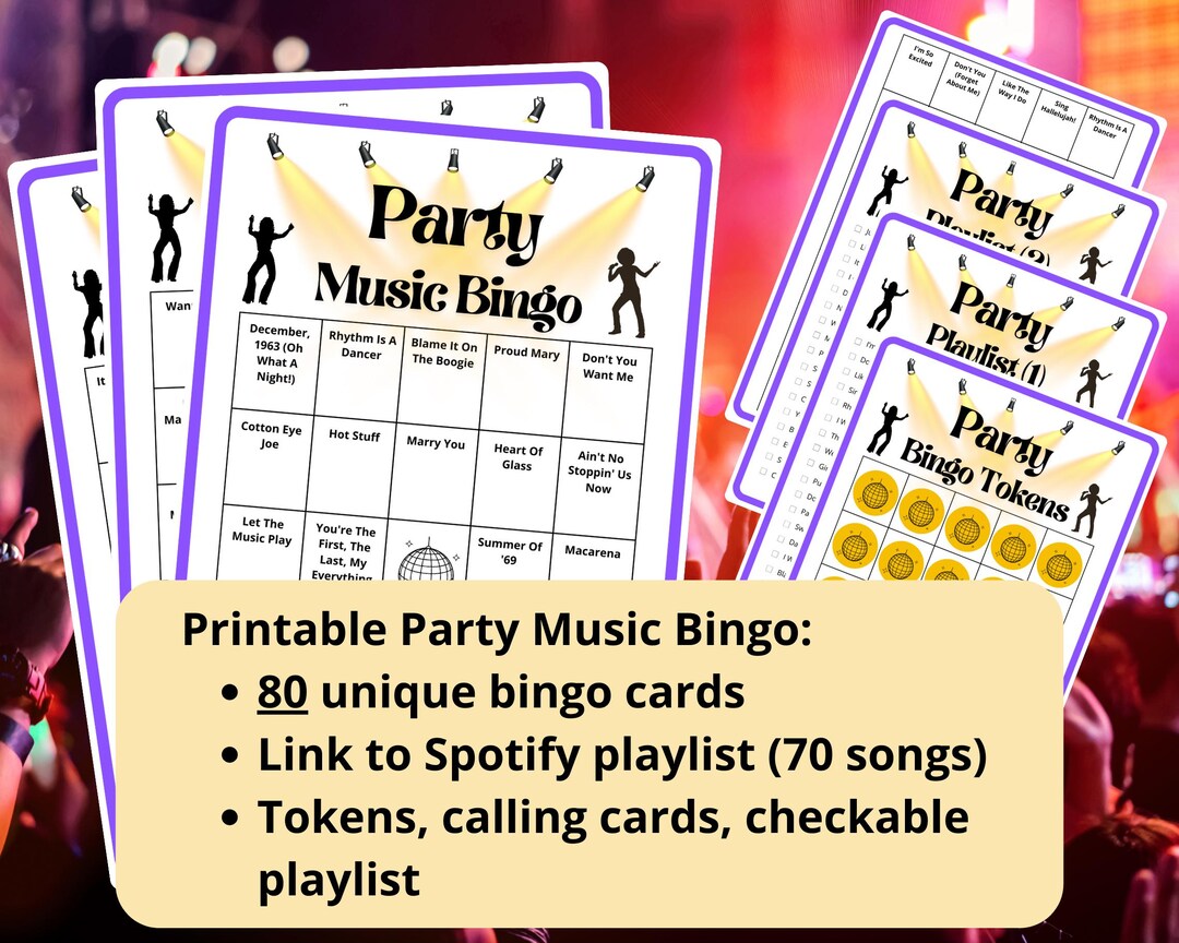 Party Music Bingo - 80 Bingo Cards - Musical Party Bingo - 70s 80s 90s ...