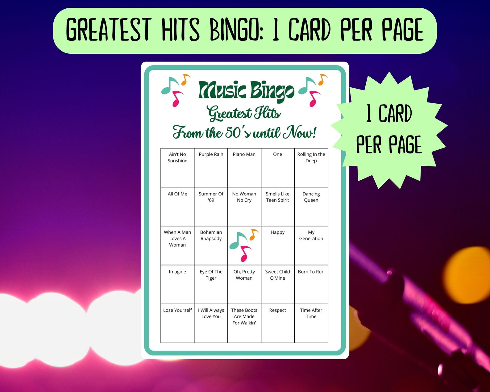 60 Greatest Hits Music Bingo Cards - Music Bingo - 50s 60s 70s 80s ...