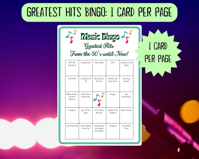 60 Greatest Hits Music Bingo Cards - Music Bingo - 50s 60s 70s 80s ...