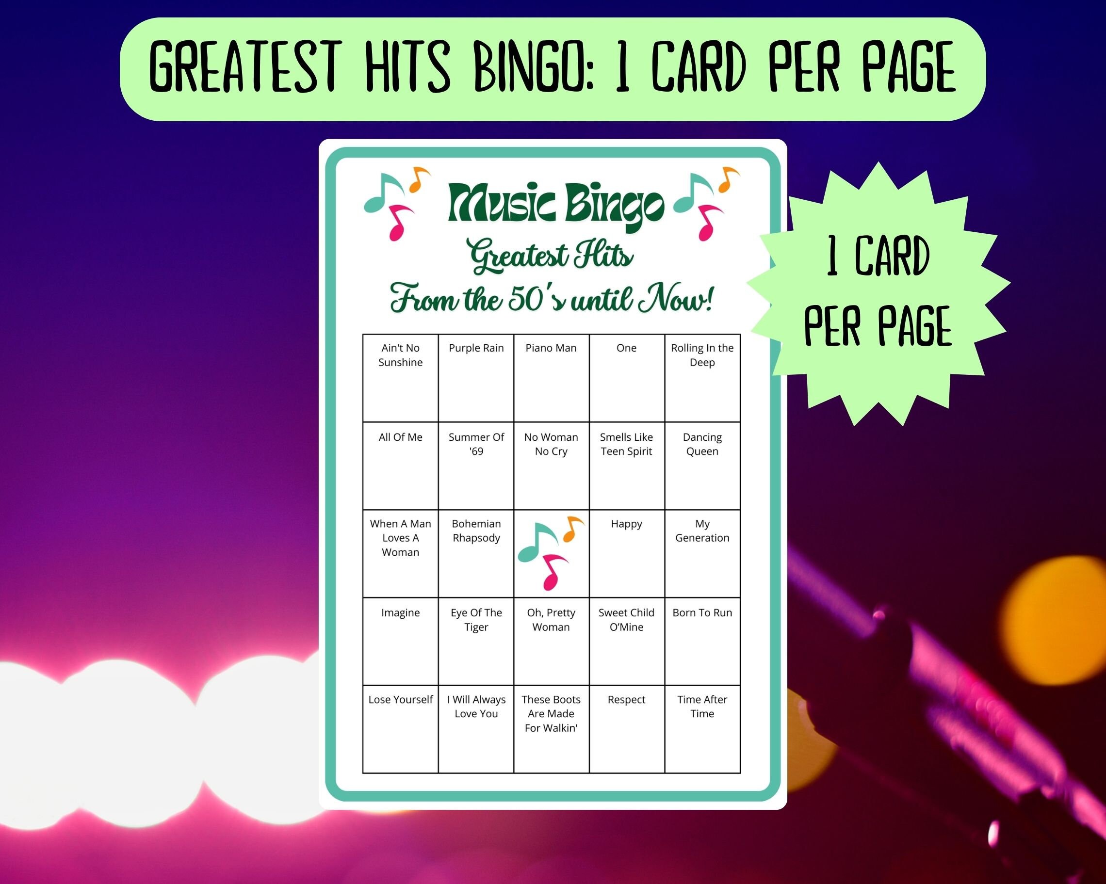 60 Greatest Hits Music Bingo Cards - Music Bingo - 50s 60s 70s 80s ...