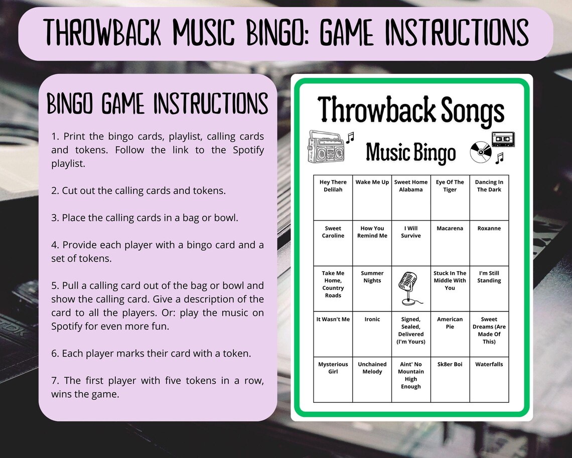 80 Throwback Songs Music Bingo Cards - Printable Sing-a-long Music ...
