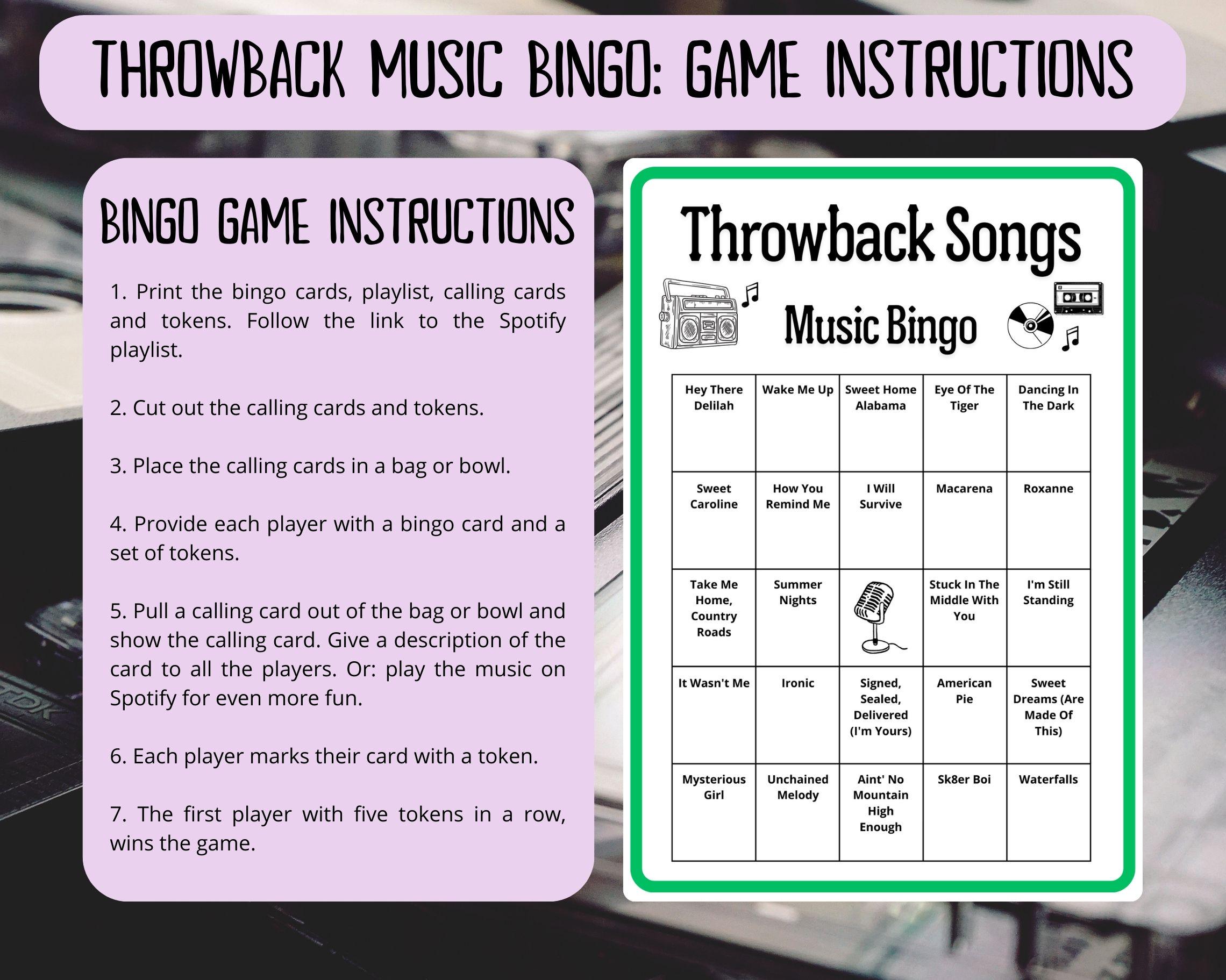 80 Throwback Songs Music Bingo Cards - Printable Sing-a-long Music ...
