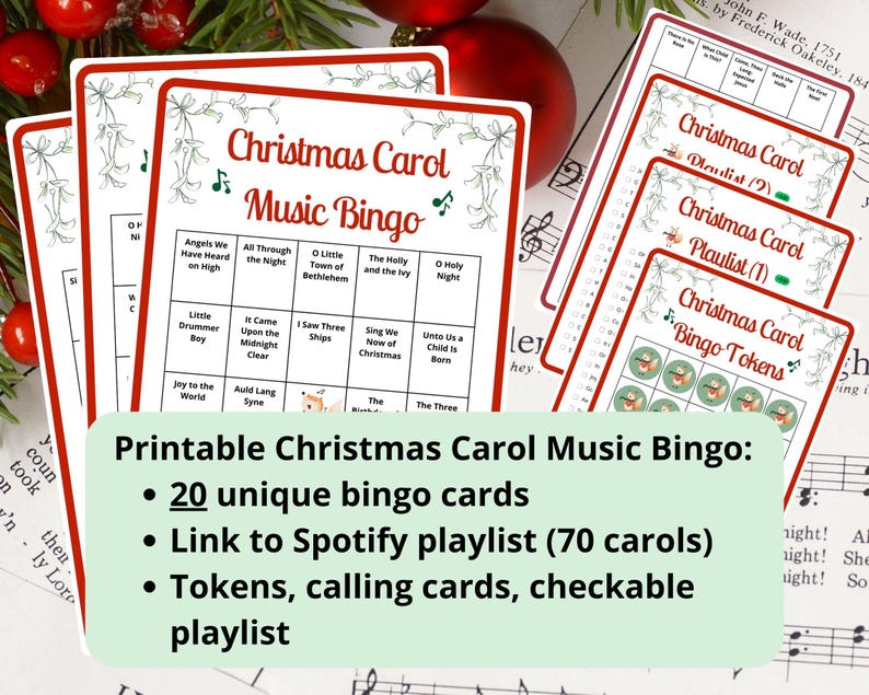20 Christmas Carol Music Bingo Cards - Christmas Bingo - Family Reunion ...
