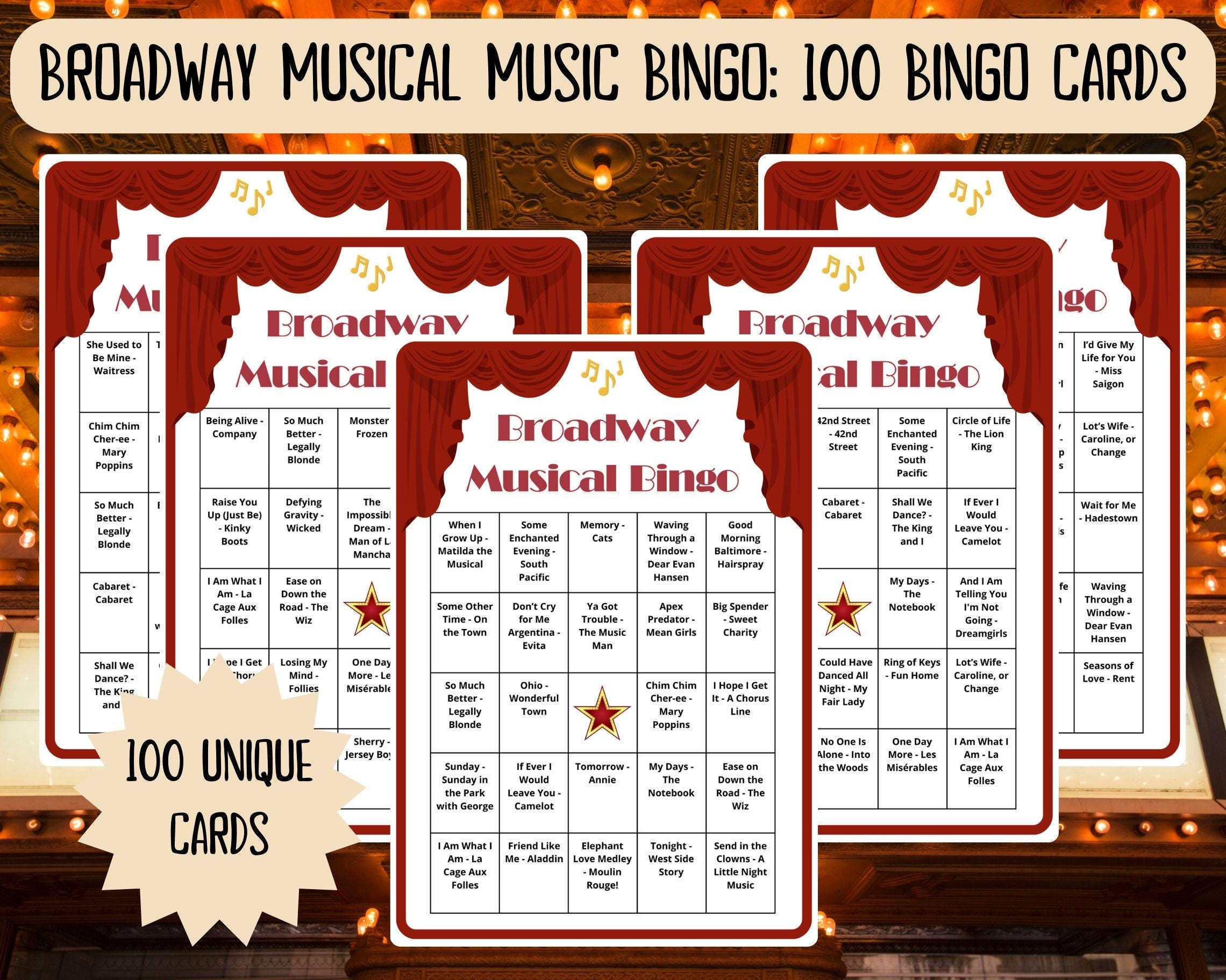 100 Broadway Musical Music Bingo Cards - Musical Bingo - Printable ...