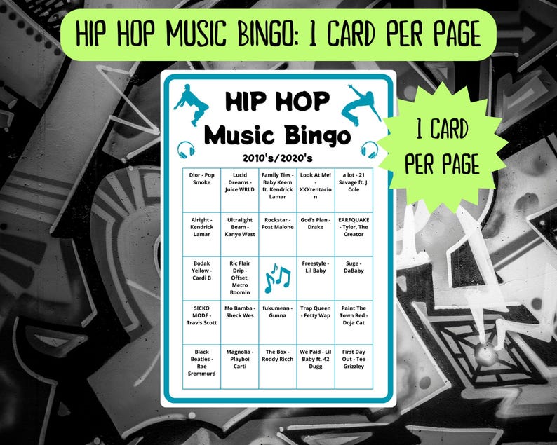 60 Hip Hop Music Bingo Cards Music Bingo 2010's 2020's Hip Hop Music ...