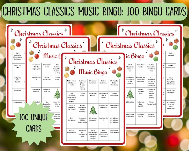 100 Christmas Classics Music Bingo Cards Christmas Songs Bingo ...