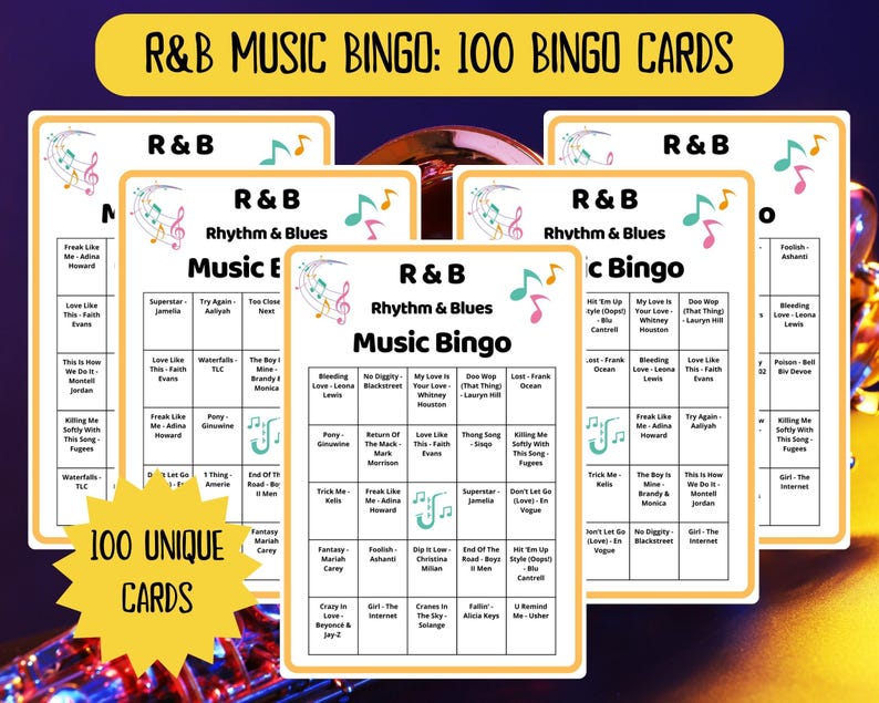 100 R&B Music Bingo Cards - Rhythm and Blues Bingo - Music Game - Team Bonding Games - Fun ...