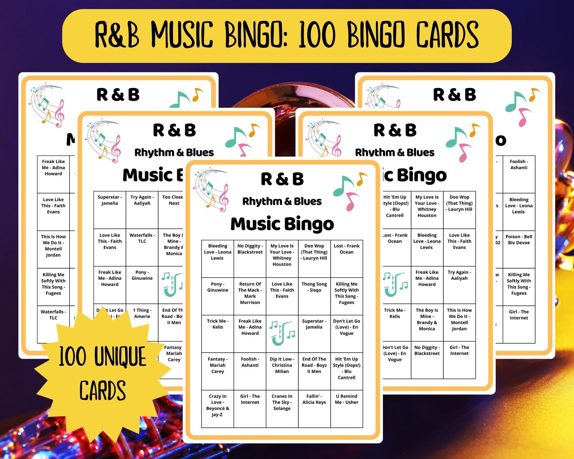 100 R&B Music Bingo Cards - Rhythm and Blues Bingo - Music Game - Team ...