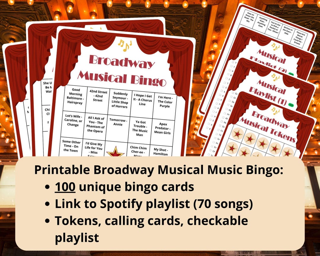 100 Broadway Musical Music Bingo Cards - Musical Bingo - Printable ...