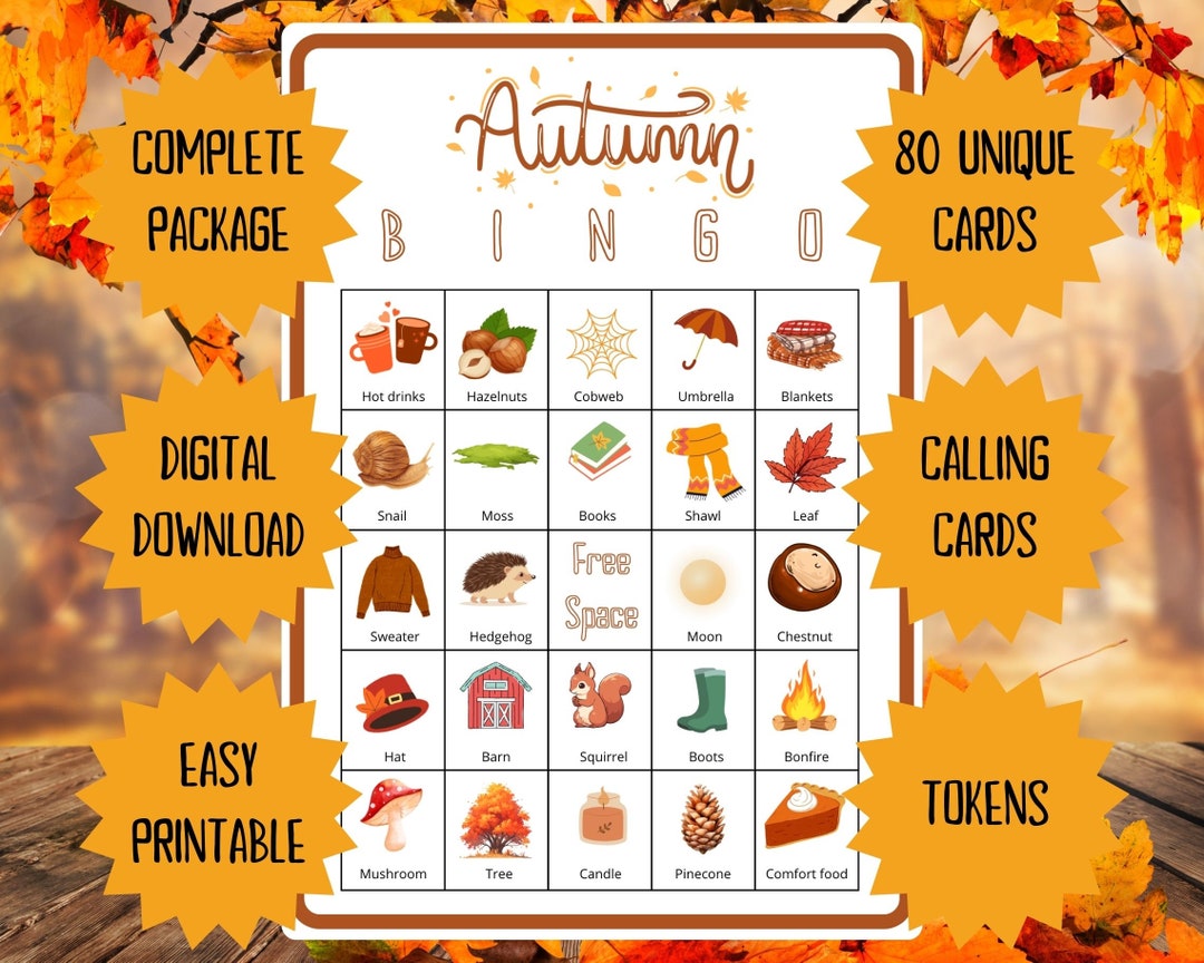 80 Autumn Bingo Cards Fall Bingo Printable Game Kids Fall Activities ...