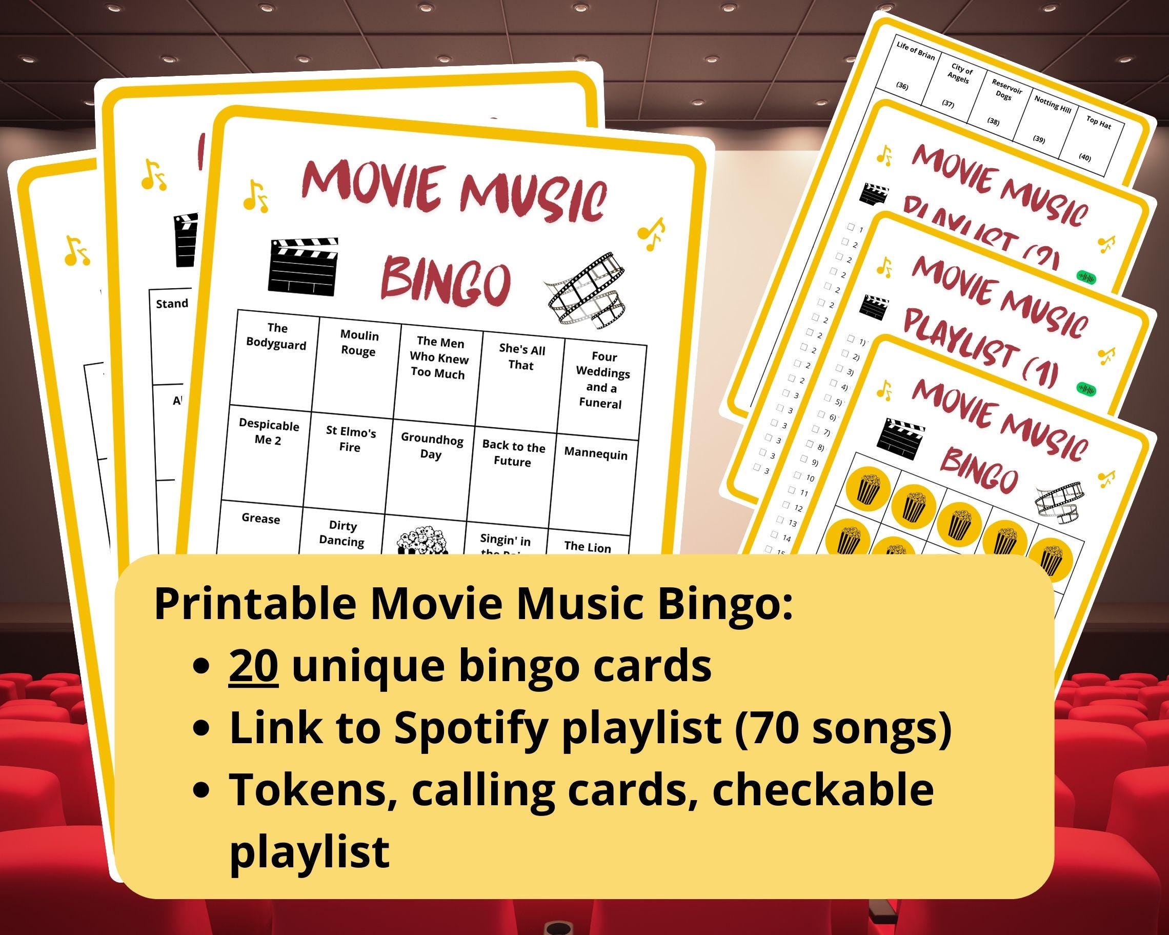 20 Movie Music Bingo Cards Music Bingo Game Movie Bingo Spotify ...
