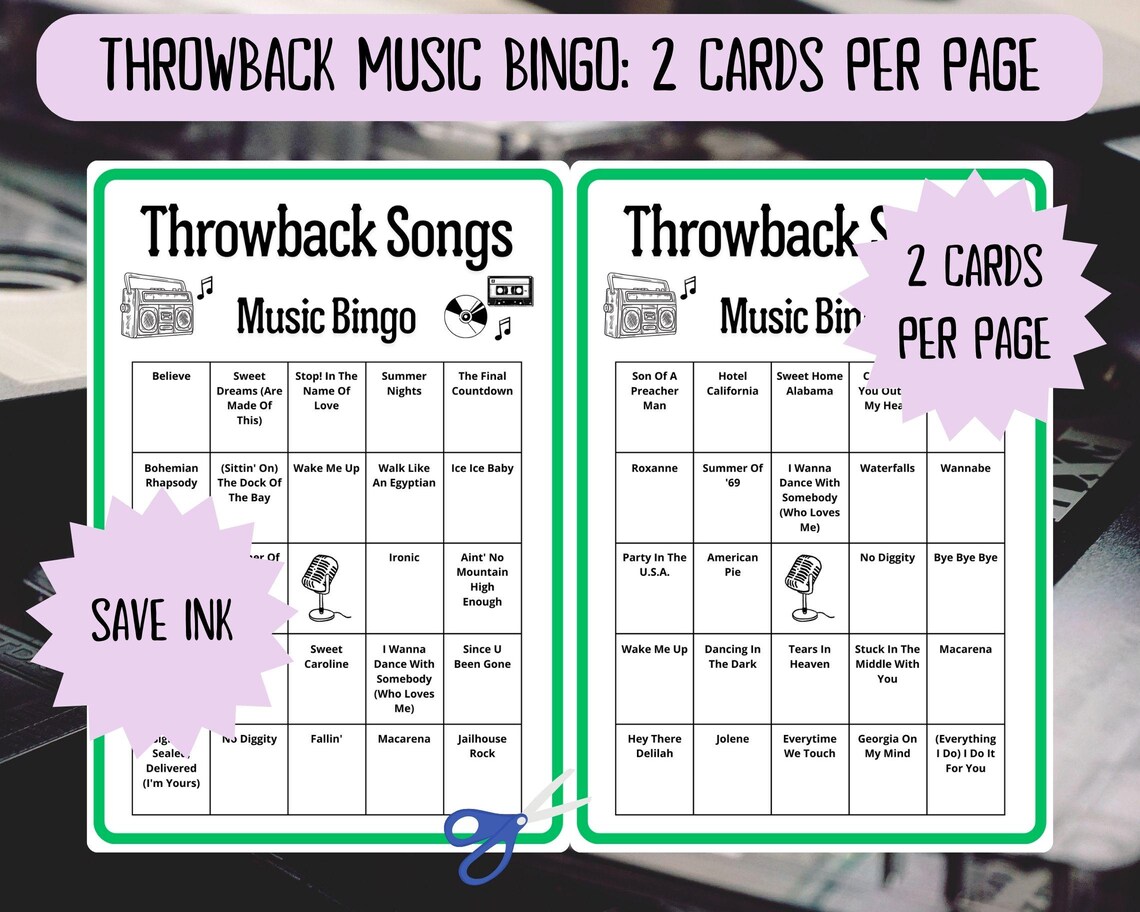 100 Throwback Songs Music Bingo Cards Music Bingo Music Game Team ...