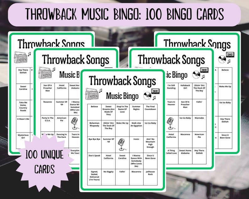 100 Throwback Songs Music Bingo Cards Music Bingo Music Game Team ...
