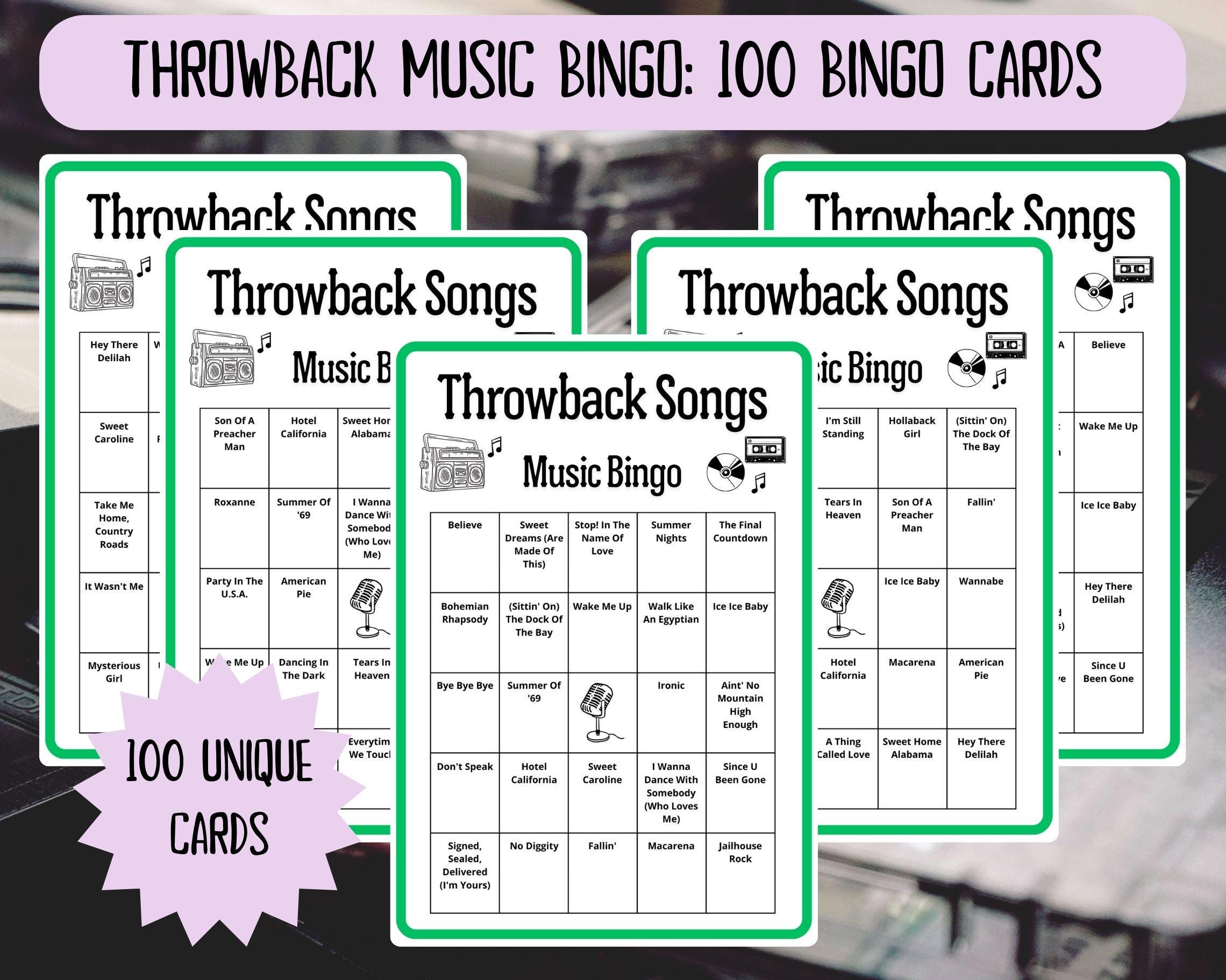 100 Throwback Songs Music Bingo Cards Music Bingo Music Game Team ...