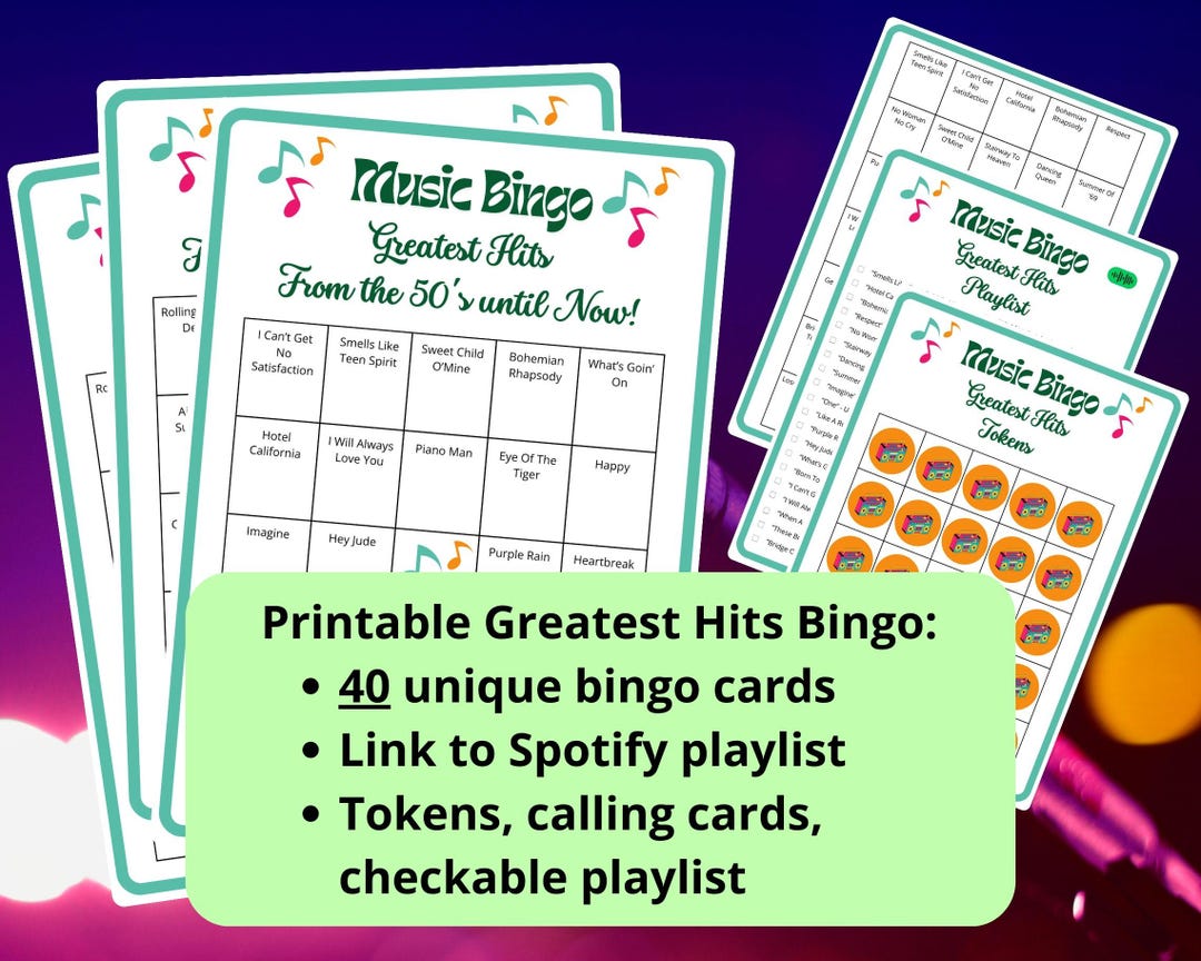 40 Greatest Hits Music Bingo Cards - Music Bingo - 50's 60's 70's Music ...