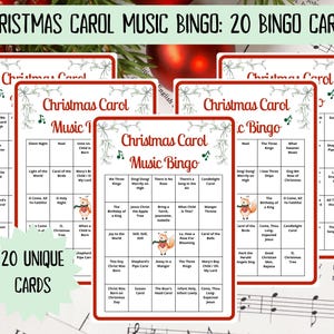 20 Christmas Carol Music Bingo Cards - Christmas Bingo - Family Reunion ...