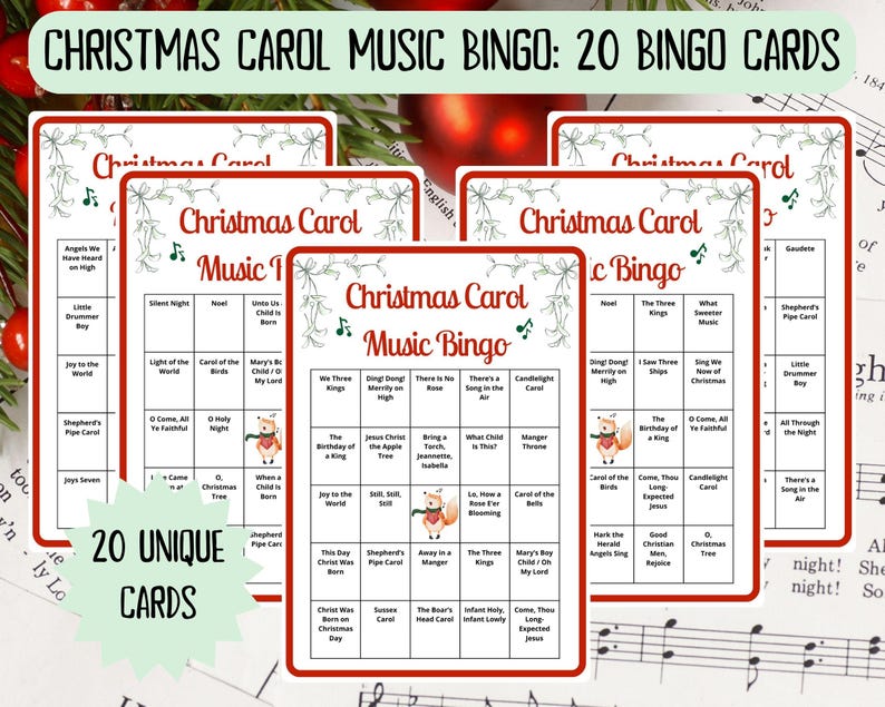 20 Christmas Carol Music Bingo Cards - Christmas Bingo - Family Reunion ...
