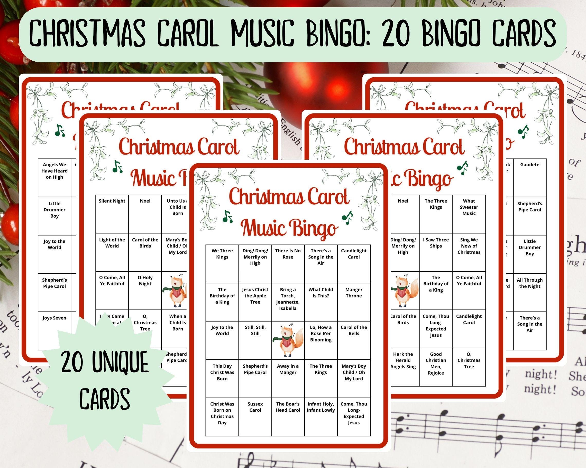 20 Christmas Carol Music Bingo Cards - Christmas Bingo - Family Reunion ...