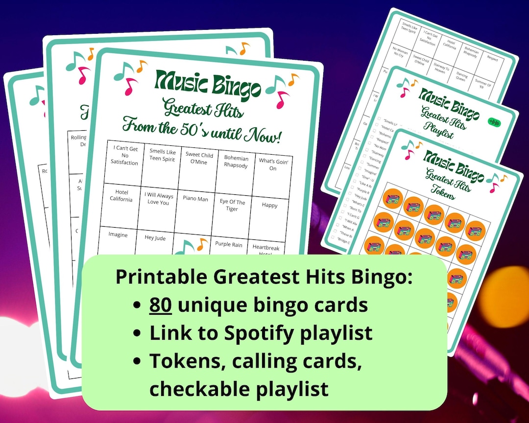 Greatest Hits Music Bingo - 80 Bingo Cards - Musical Bingo Game - 60's ...