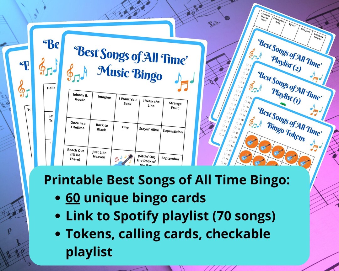 60 Best Songs of All Time Bingo Cards - Music Bingo - 50's 60's 70's 80 ...