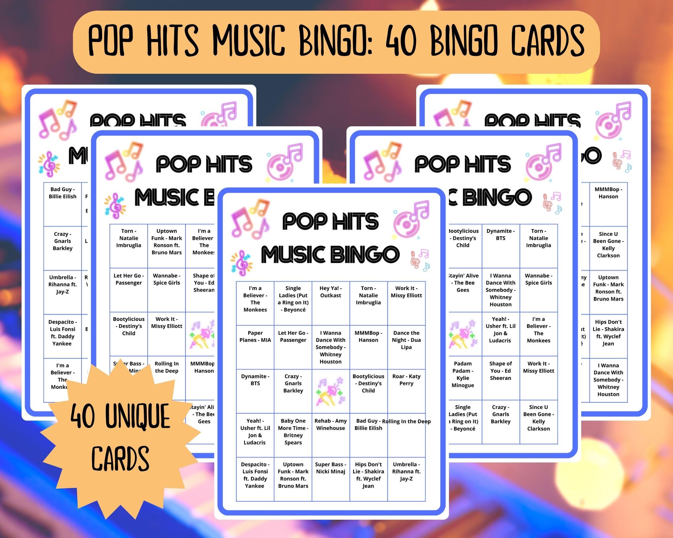 40 Pop Hits Music Bingo Cards - Music Bingo - 70's 80's Music 90's 00's ...