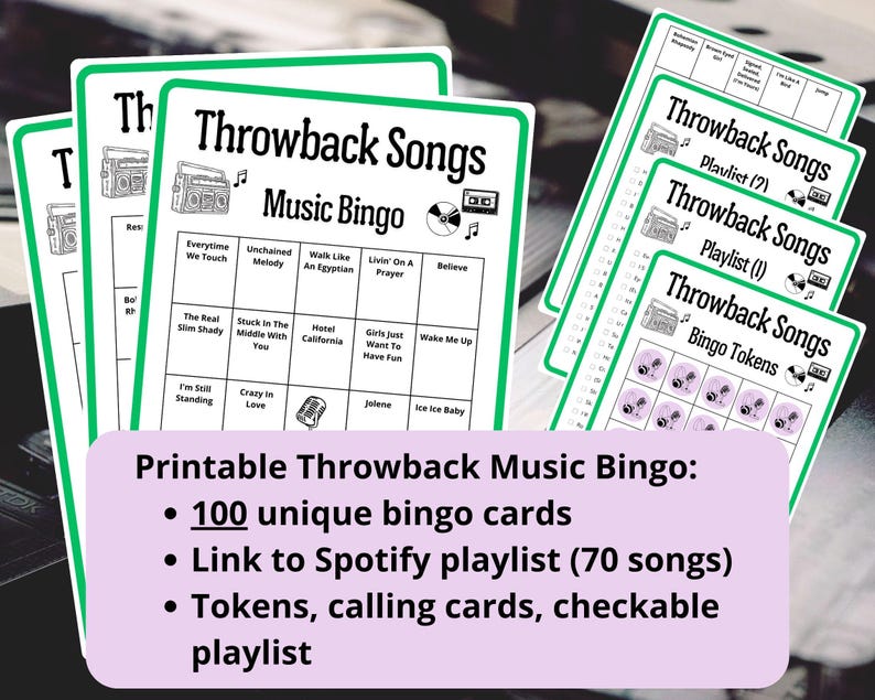 Music Bingo - 100 Throwback Songs Bingo Cards - Music Games - Team ...