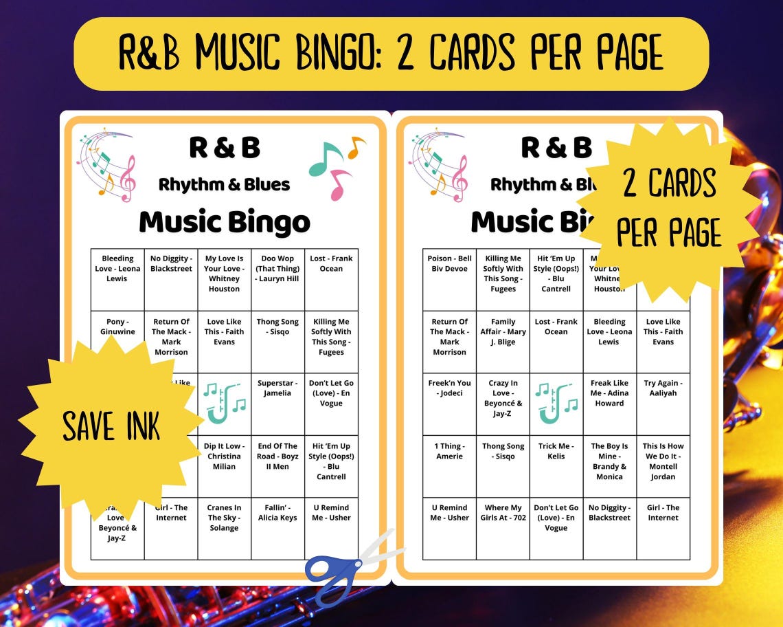 100 R&B Music Bingo Cards - Rhythm and Blues Bingo - Music Game - Team ...