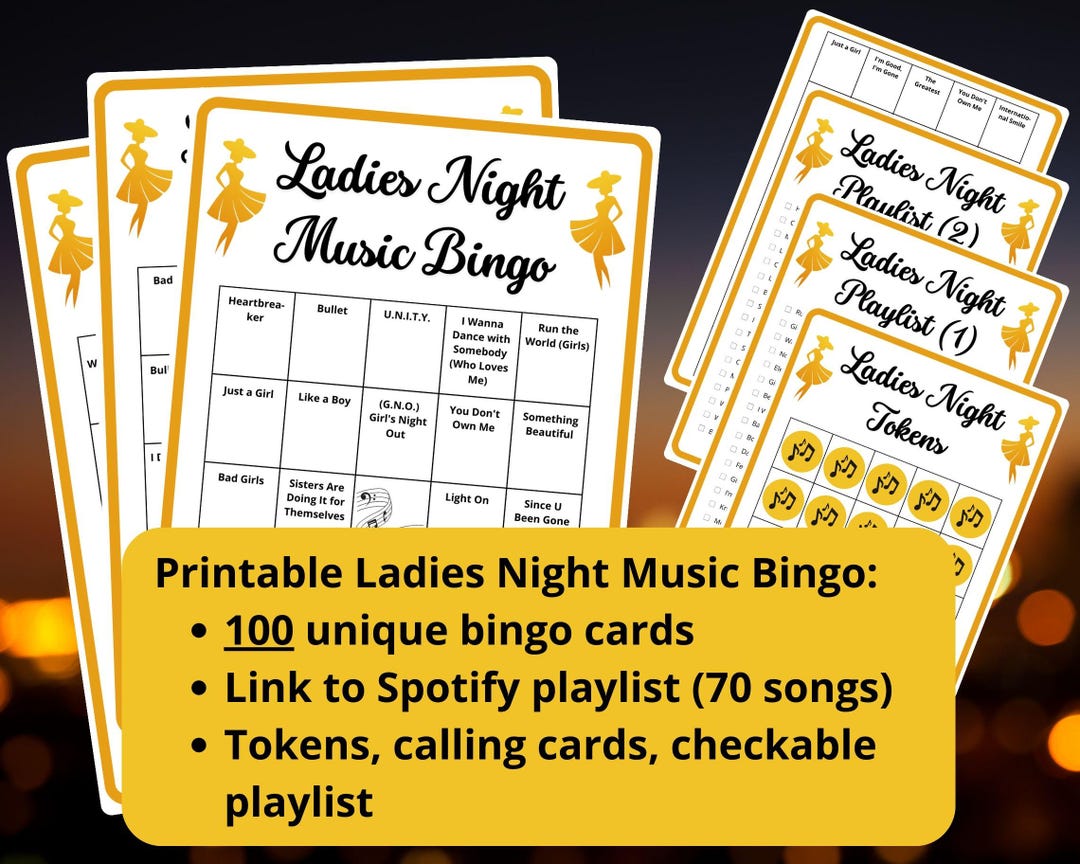 100 Ladies Night Music Bingo Cards - Ladies Night Games - Ladies Night ...