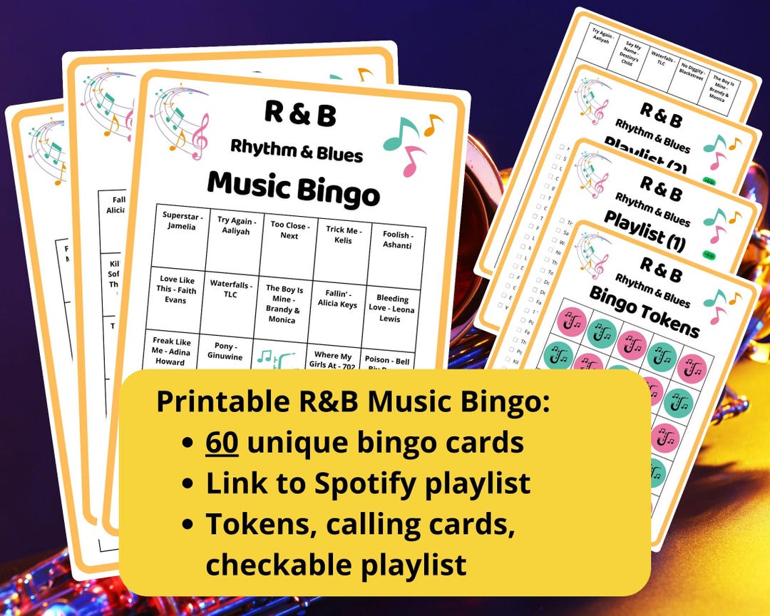 Rnb Music Bingo - 60 Bingo Cards - Rhythm and Blues Music Bingo - Team ...