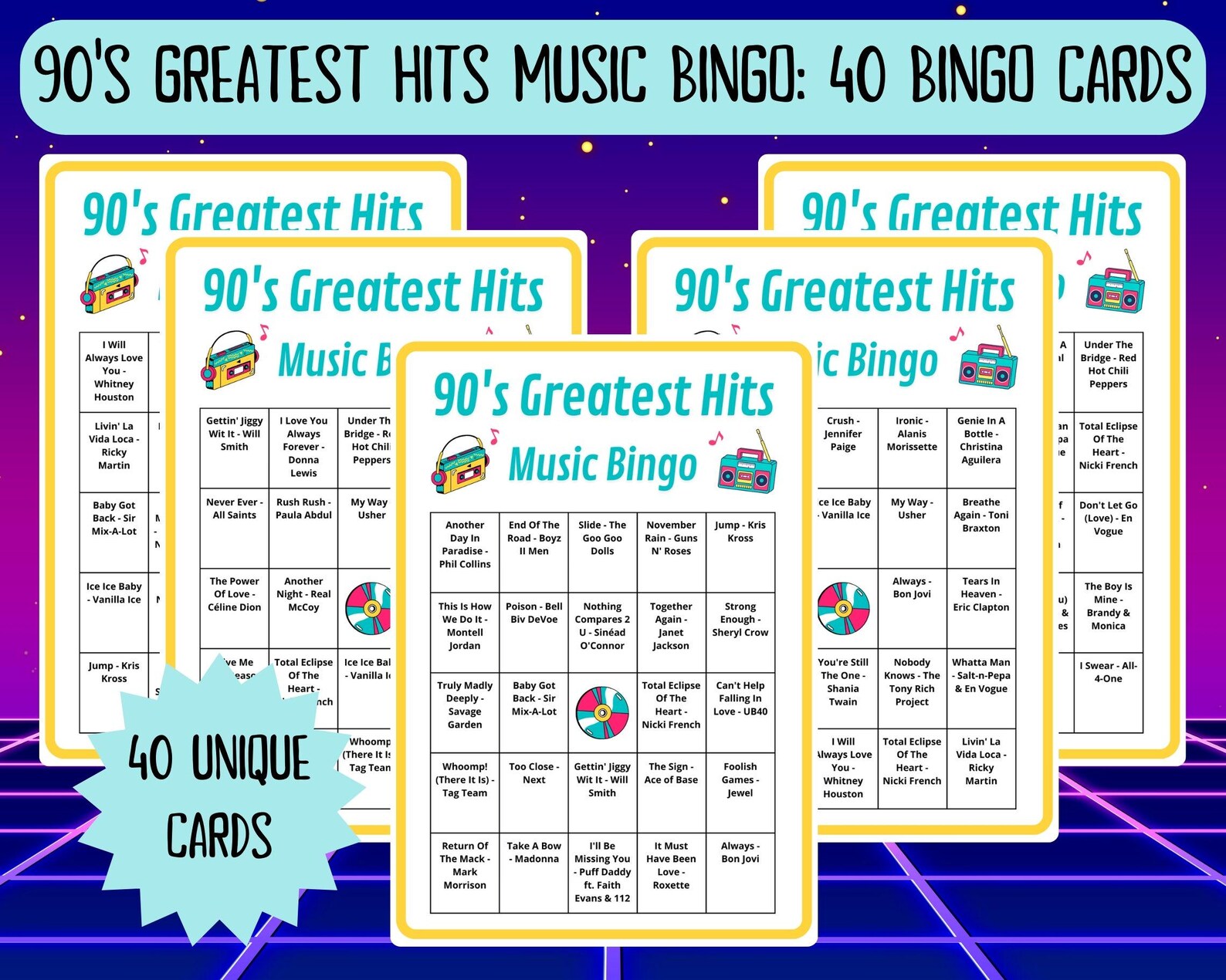 90's Music Bingo Cards - 40 Bingo Cards - Musical Bingo - 90s Music ...