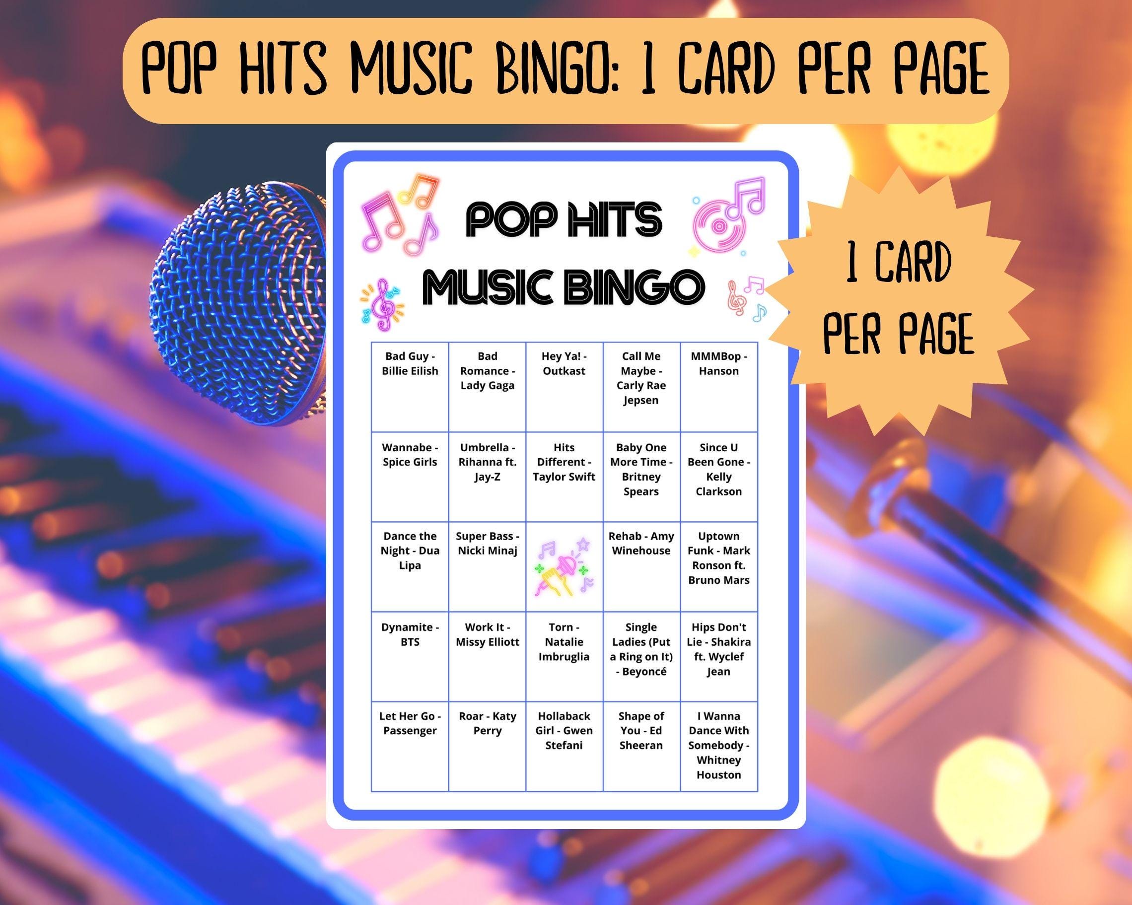 40 Pop Hits Music Bingo Cards - Music Bingo - 70's 80's Music 90's 00's ...