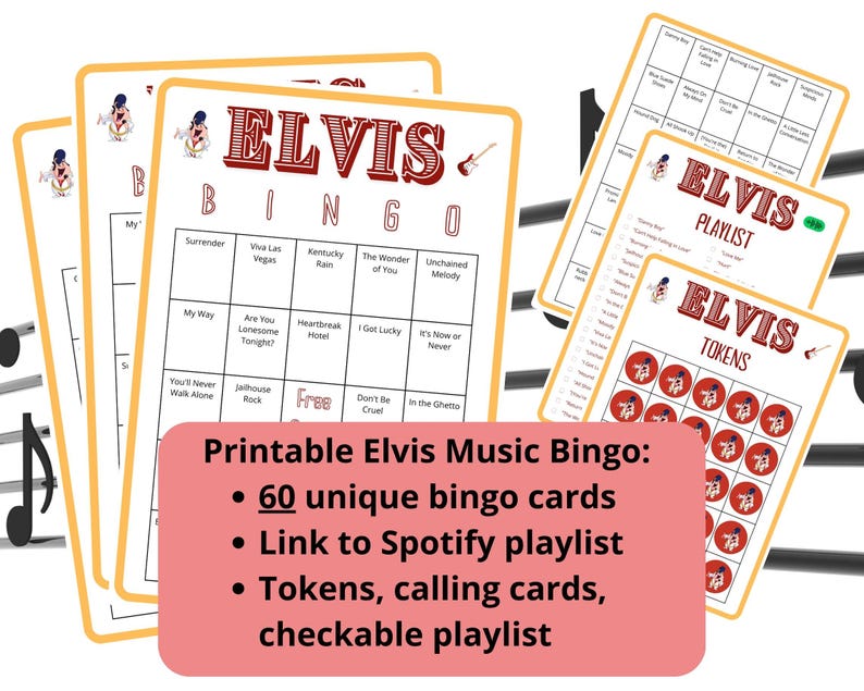 Elvis Bingo - 60 Bingo Cards - Music Bingo - Elvis Presley - Team ...