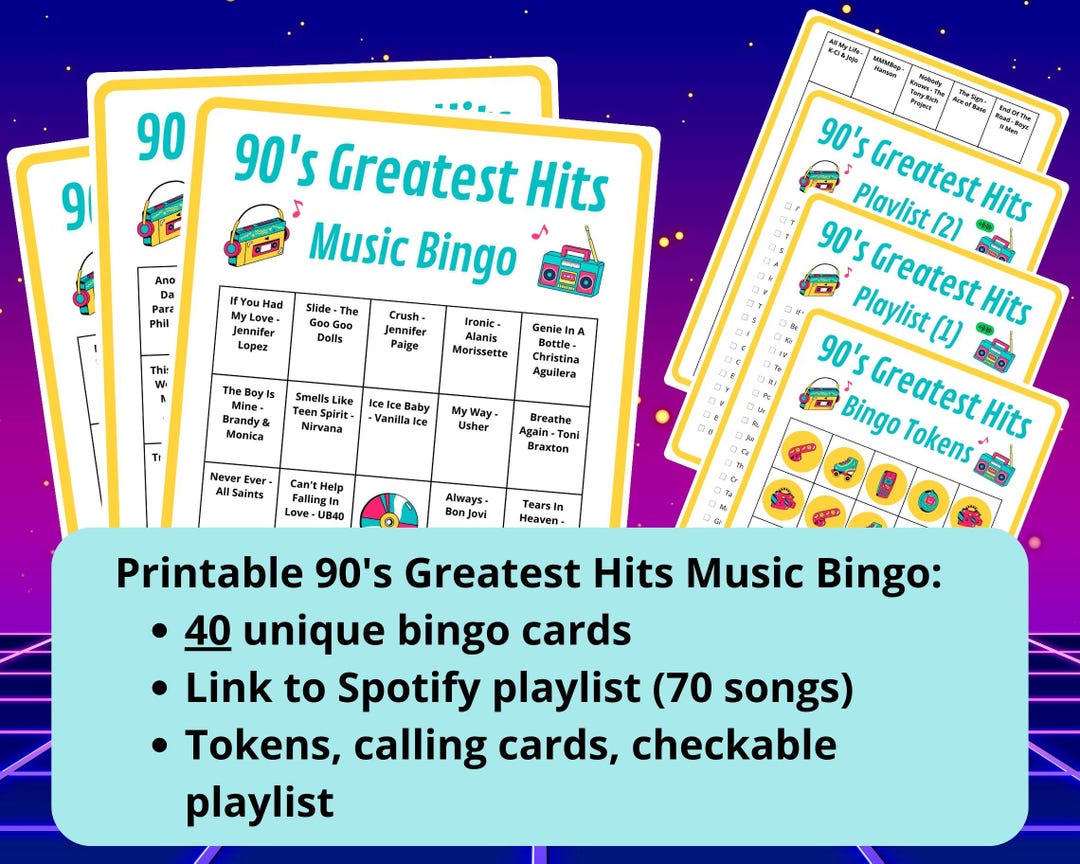 90's Music Bingo Cards - 40 Bingo Cards - Musical Bingo - 90s Music ...
