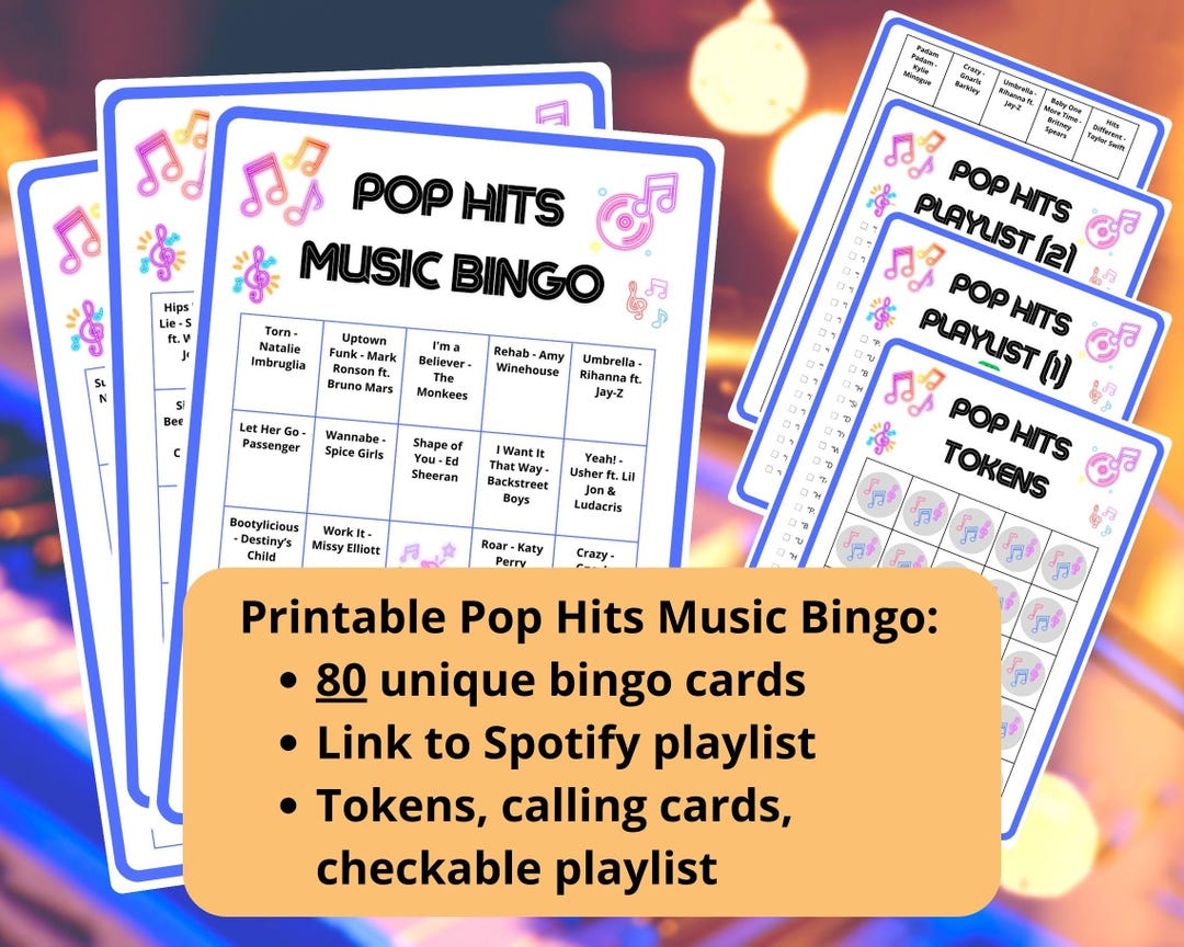 80 Pop Hits Music Bingo Cards - Music Bingo - 70's Music 80's 90's 00's ...