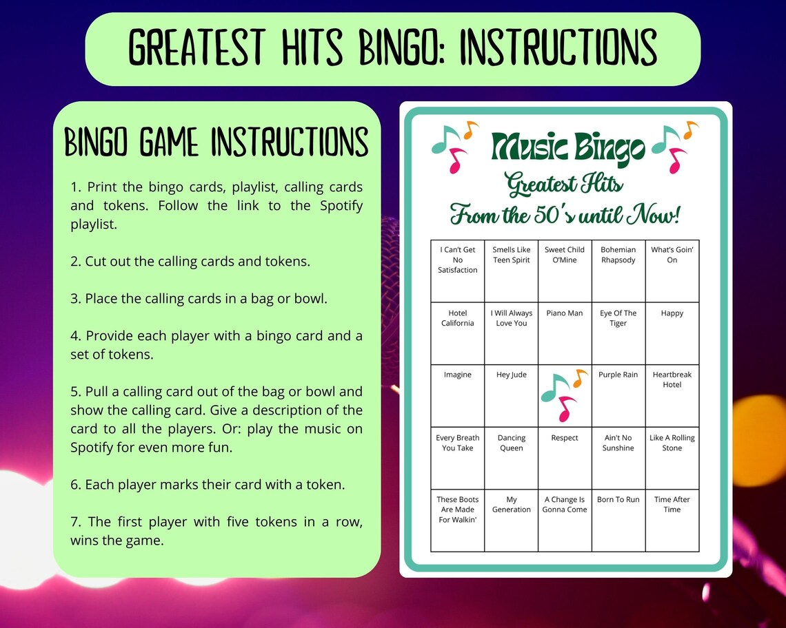 60 Greatest Hits Music Bingo Cards - Music Bingo - 50s 60s 70s 80s ...