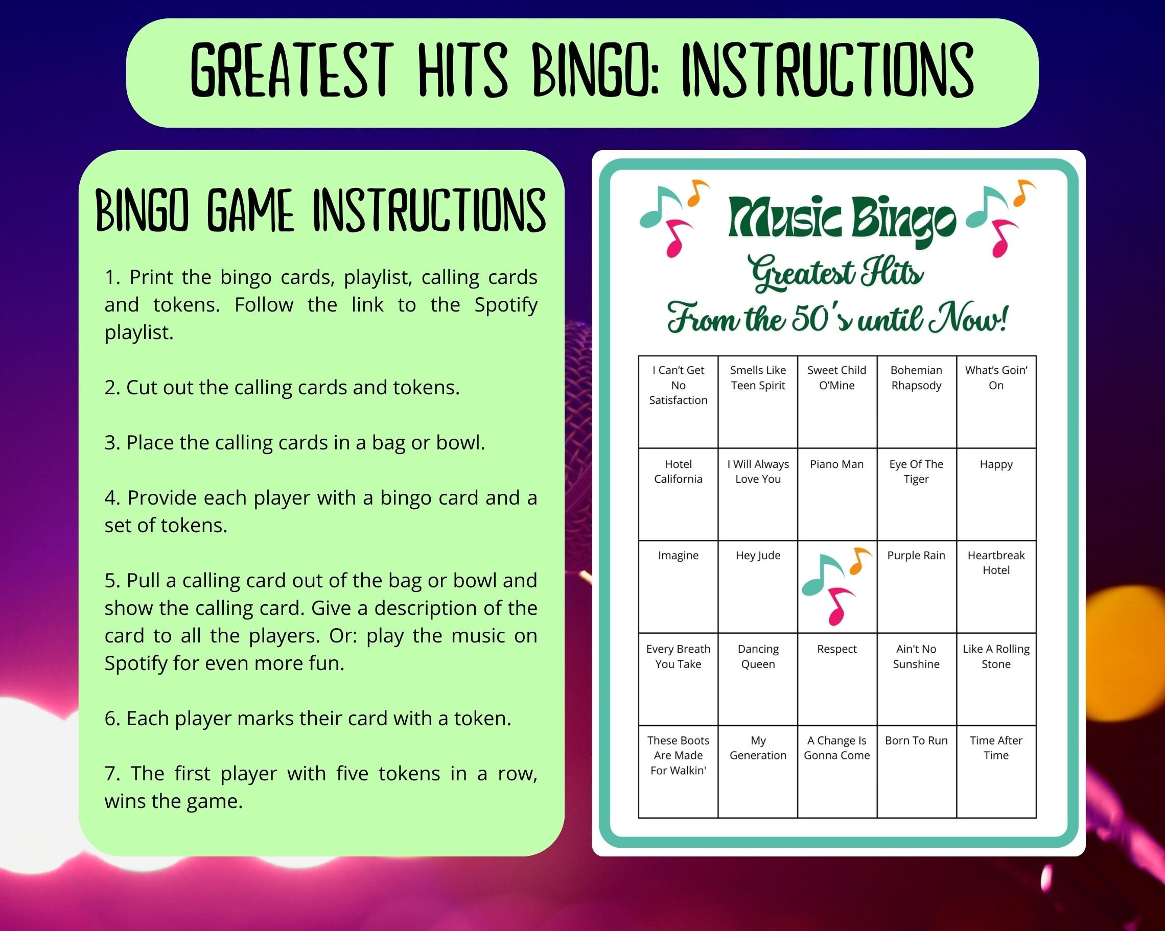 60 Greatest Hits Music Bingo Cards - Music Bingo - 50s 60s 70s 80s ...