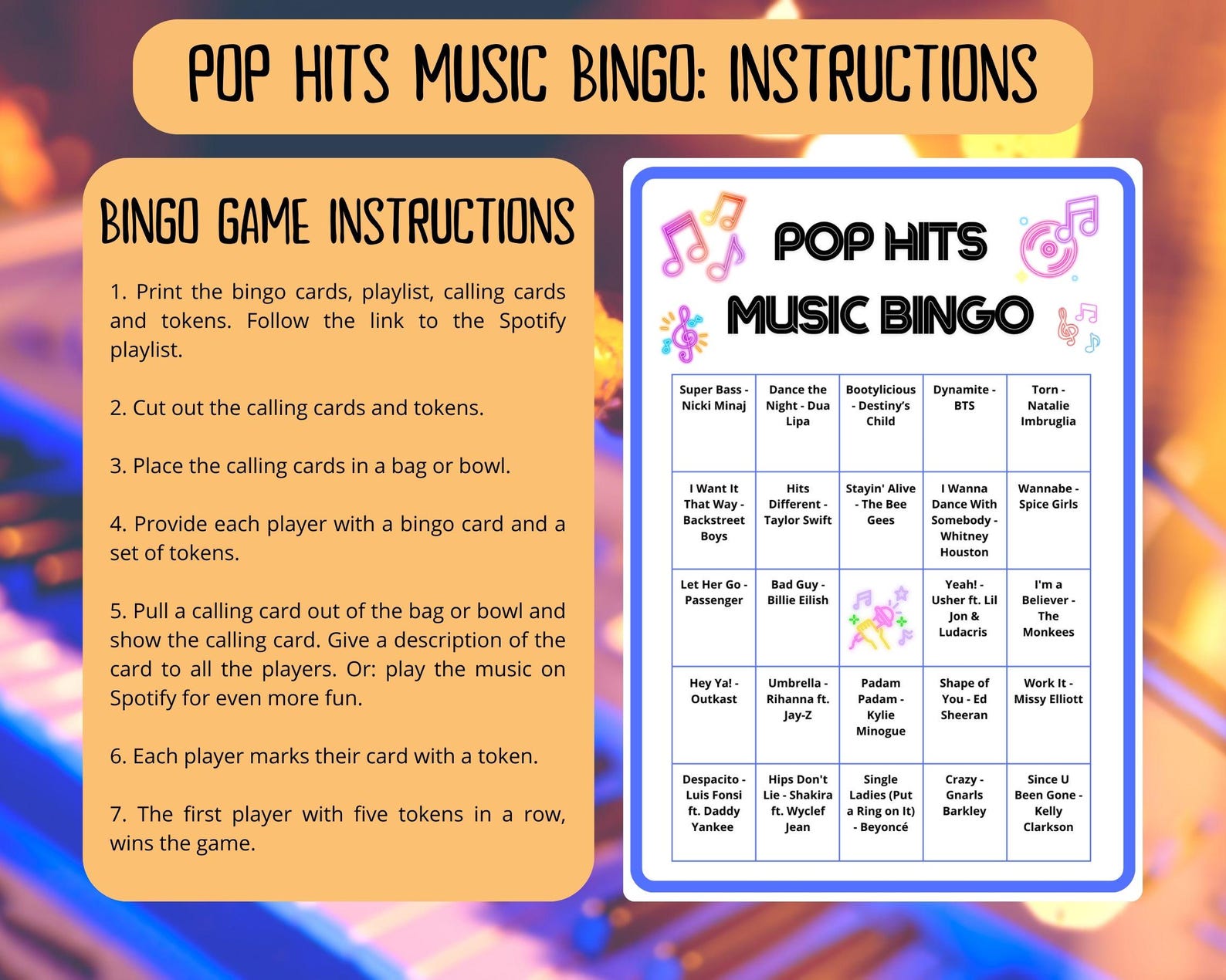 40 Pop Hits Music Bingo Cards - Music Bingo - 70's 80's Music 90's 00's ...