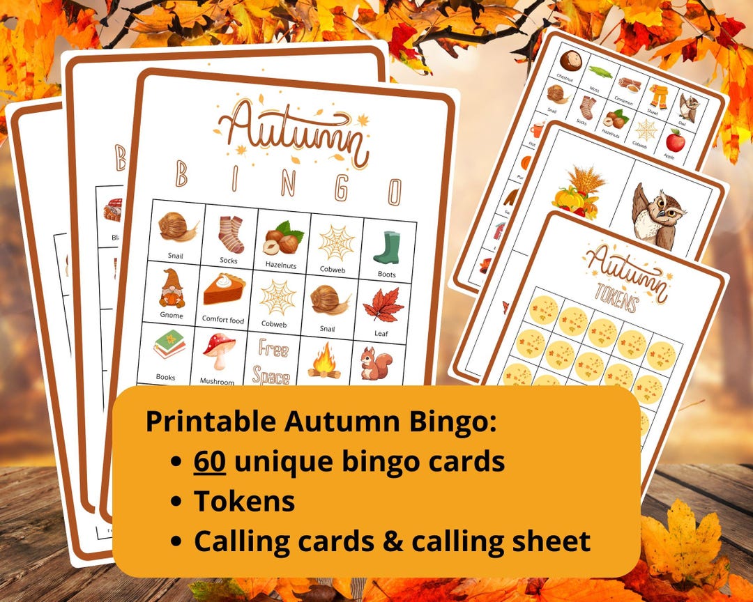 60 Autumn Fall Bingo Cards - Printable Game - Kids Fall Activities ...